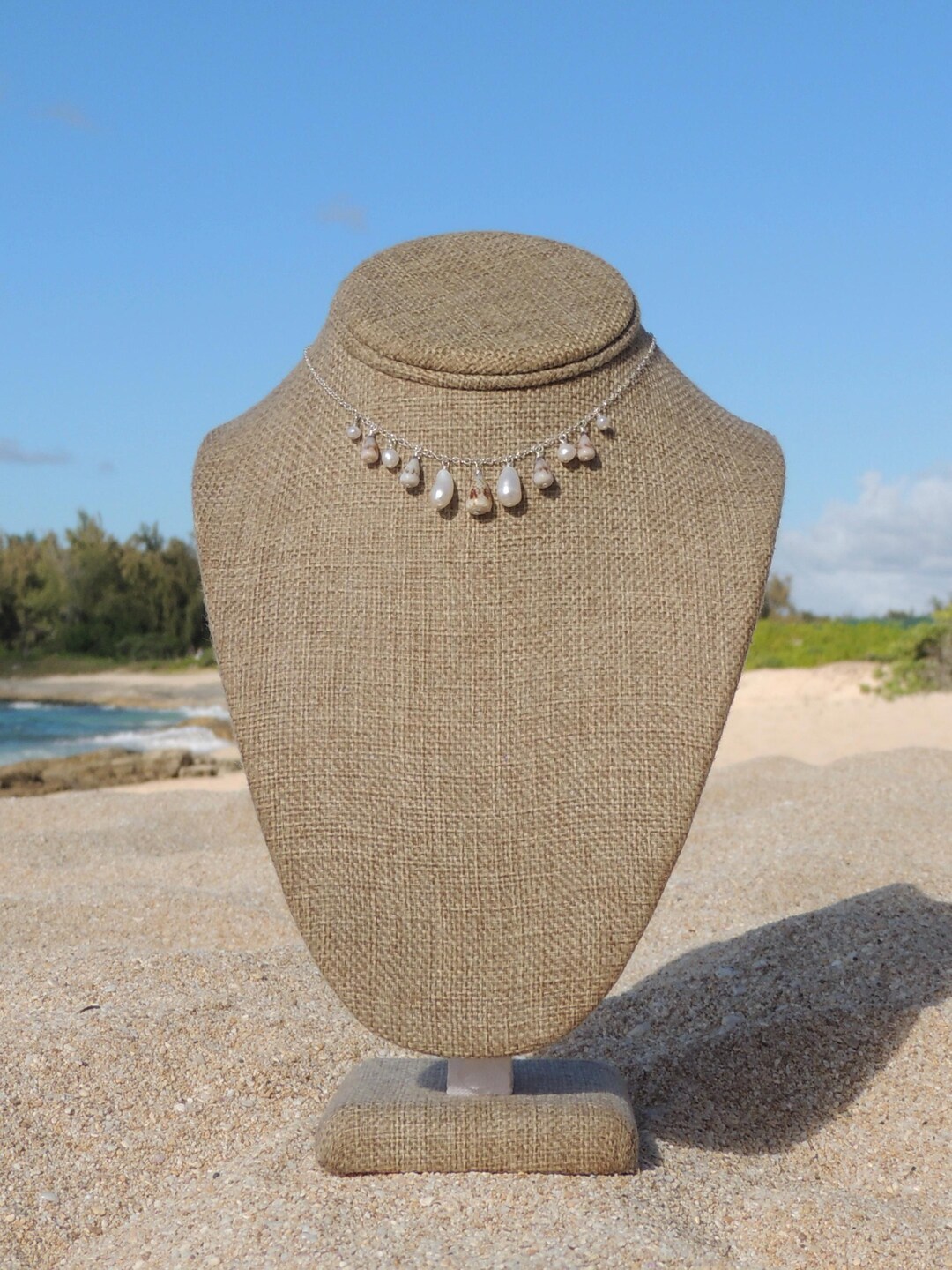 Hawaiian Shell Choker Necklace, Sterling Silver, White Pearls, Mini ...