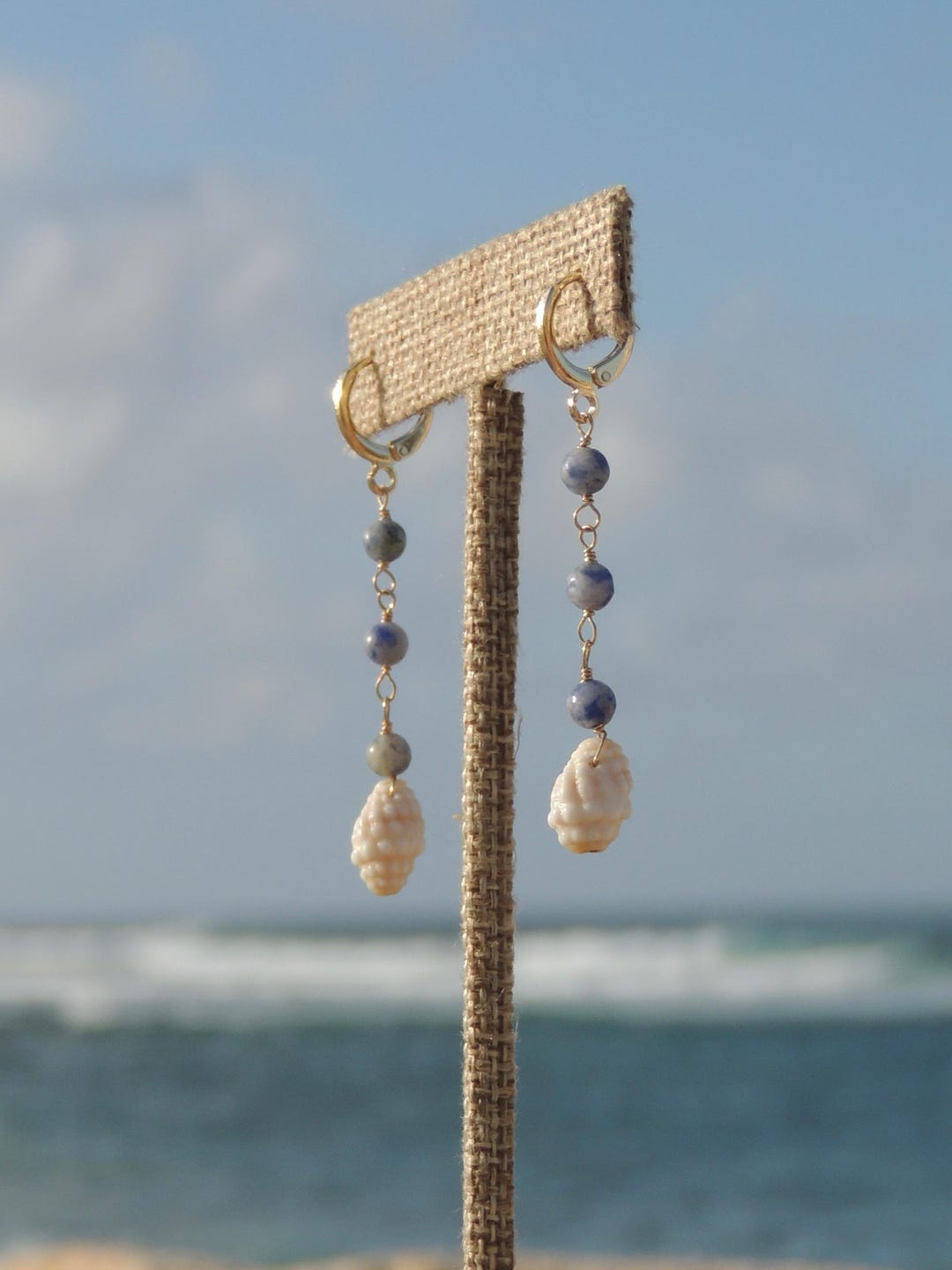 Hawaiian Lattice Miter Shell Huggies, Blue Sodalite Beads, Cute Beach ...