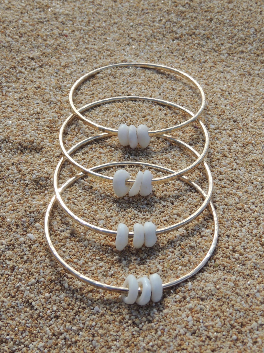 Hawaiian Puka Shell Bangle, Thick Gold Hammered Bracelet, Hawaii Beach ...