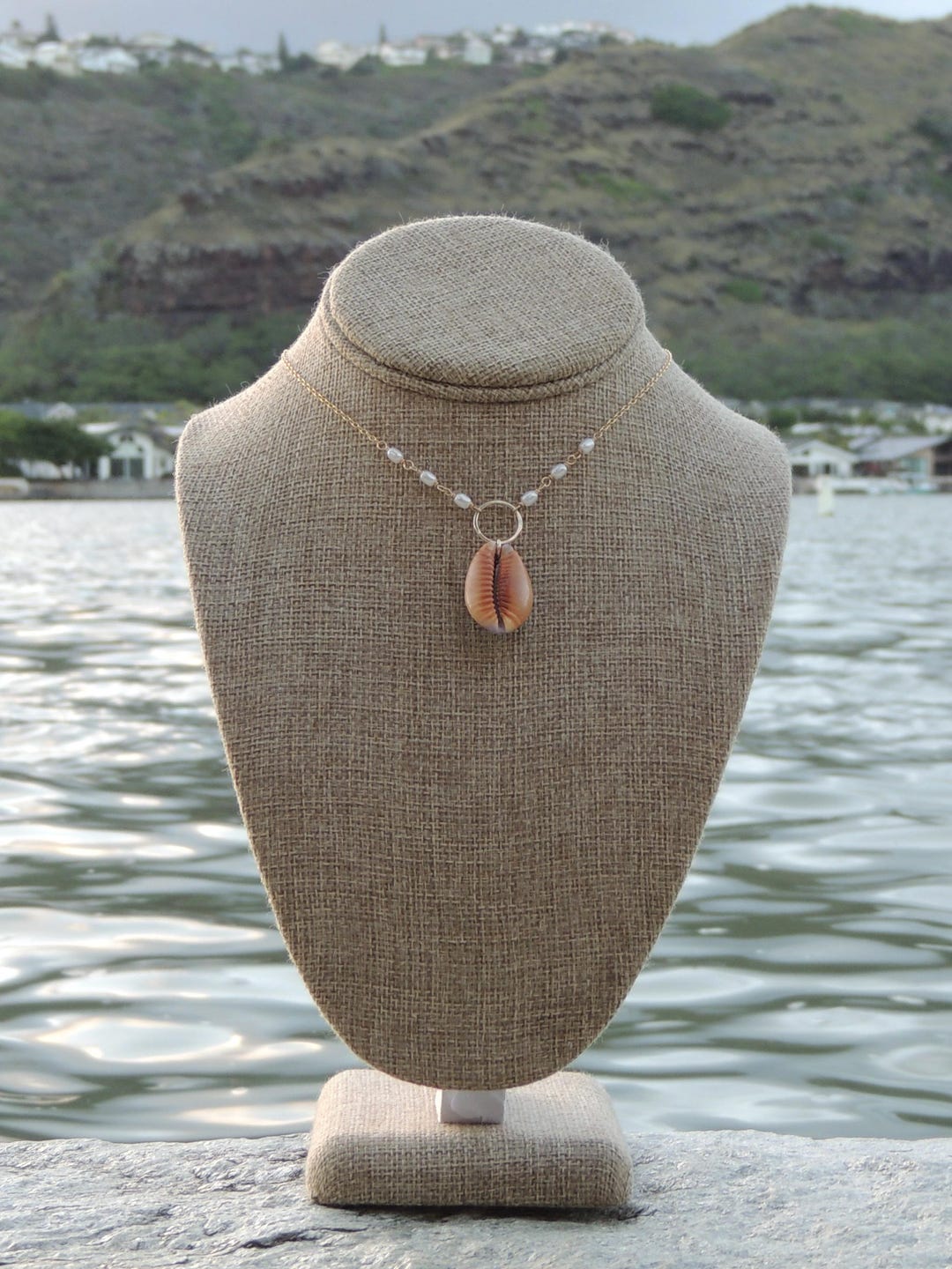 Hawaiian Honey Cowrie Shell Necklace, 14kt Gold Filled, White Pearls ...