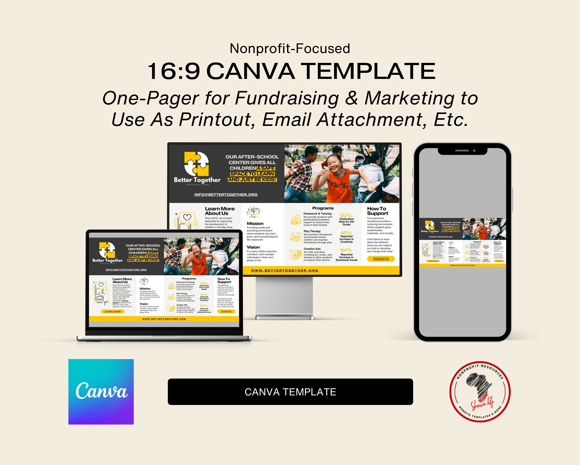 16:9 One-pager Nonprofit Overview, Easy Canva Design Template. Use as a ...
