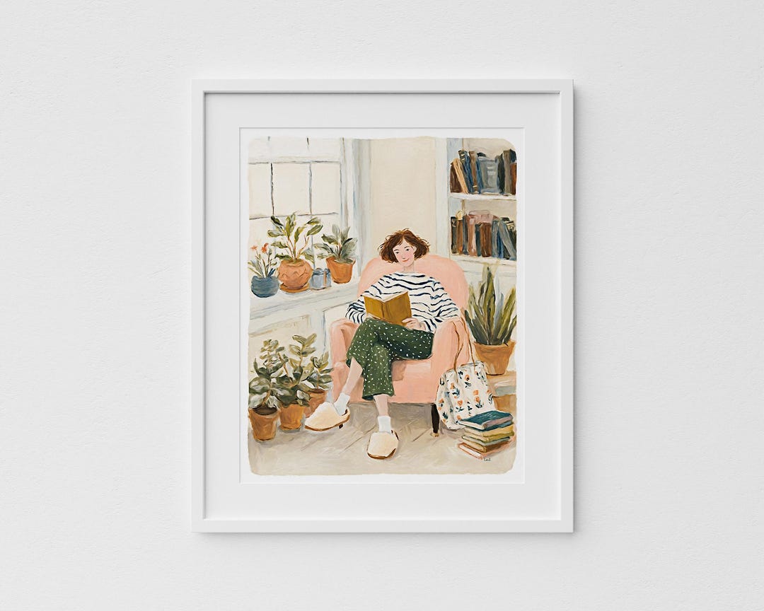 Cozy Reading Nook Art Print | Whimsical Girl Reading Painting | Book ...