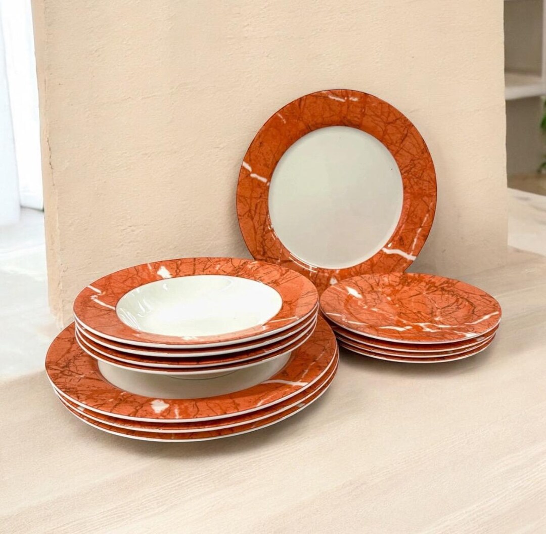 Victoria & Beale Versailles 9108 Porcelain Orange Marble 12pc Plate Set ...