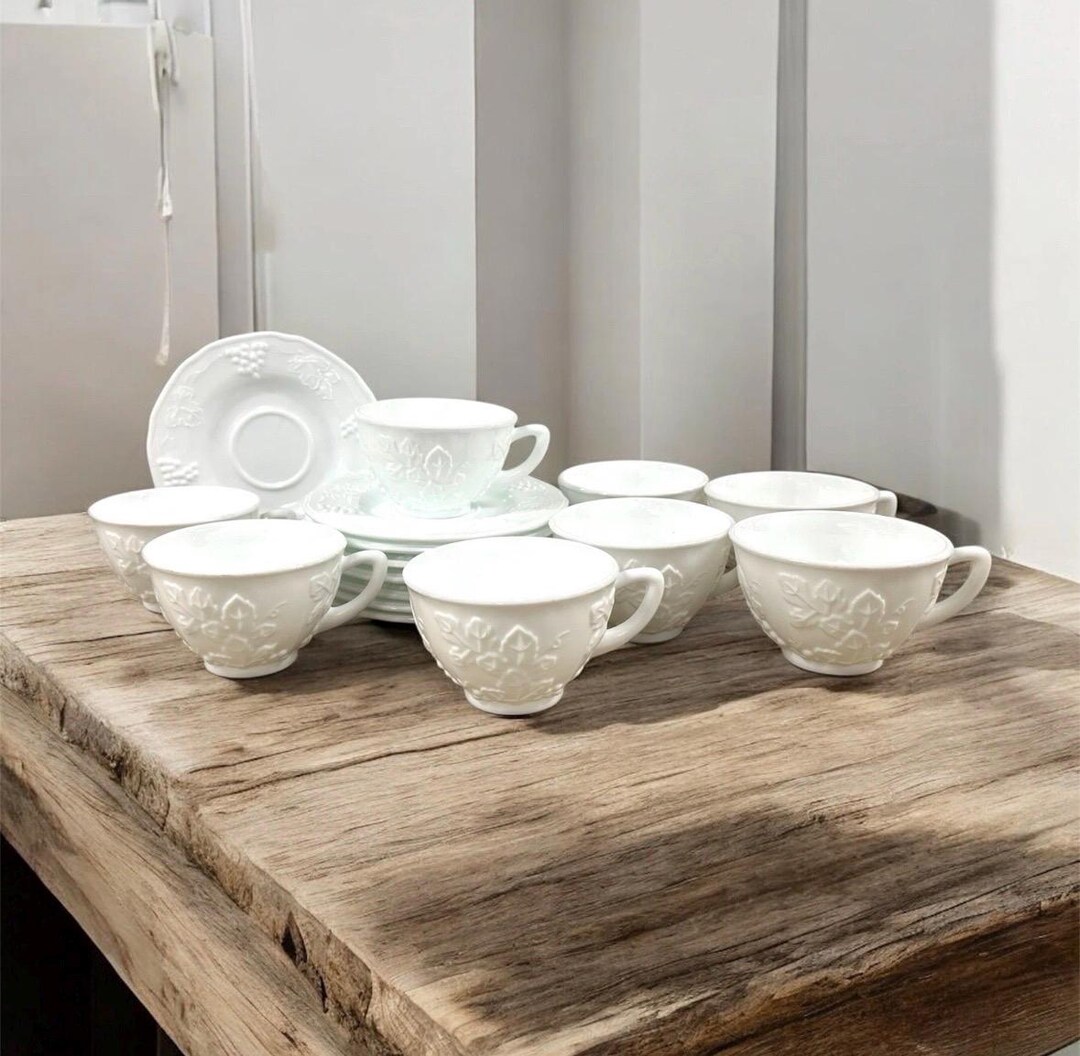 Vintage MCM Milk Glass Grape Cups & Saucers Set of 8 USA - Collectible ...