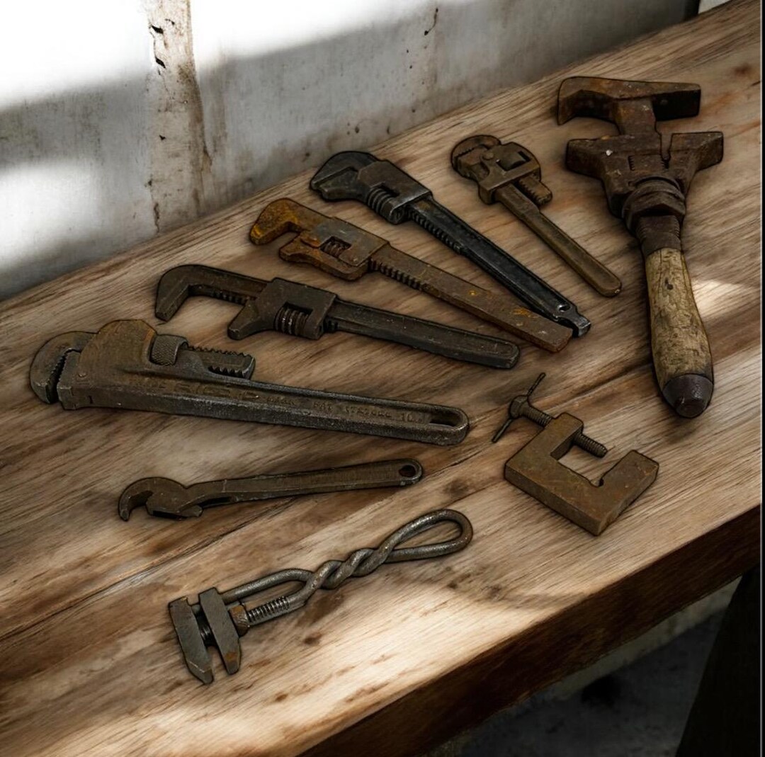 Vintage Wrench & Clamp Lot (9) RIDGID Pipe Wrench + Adjustable/monkey ...