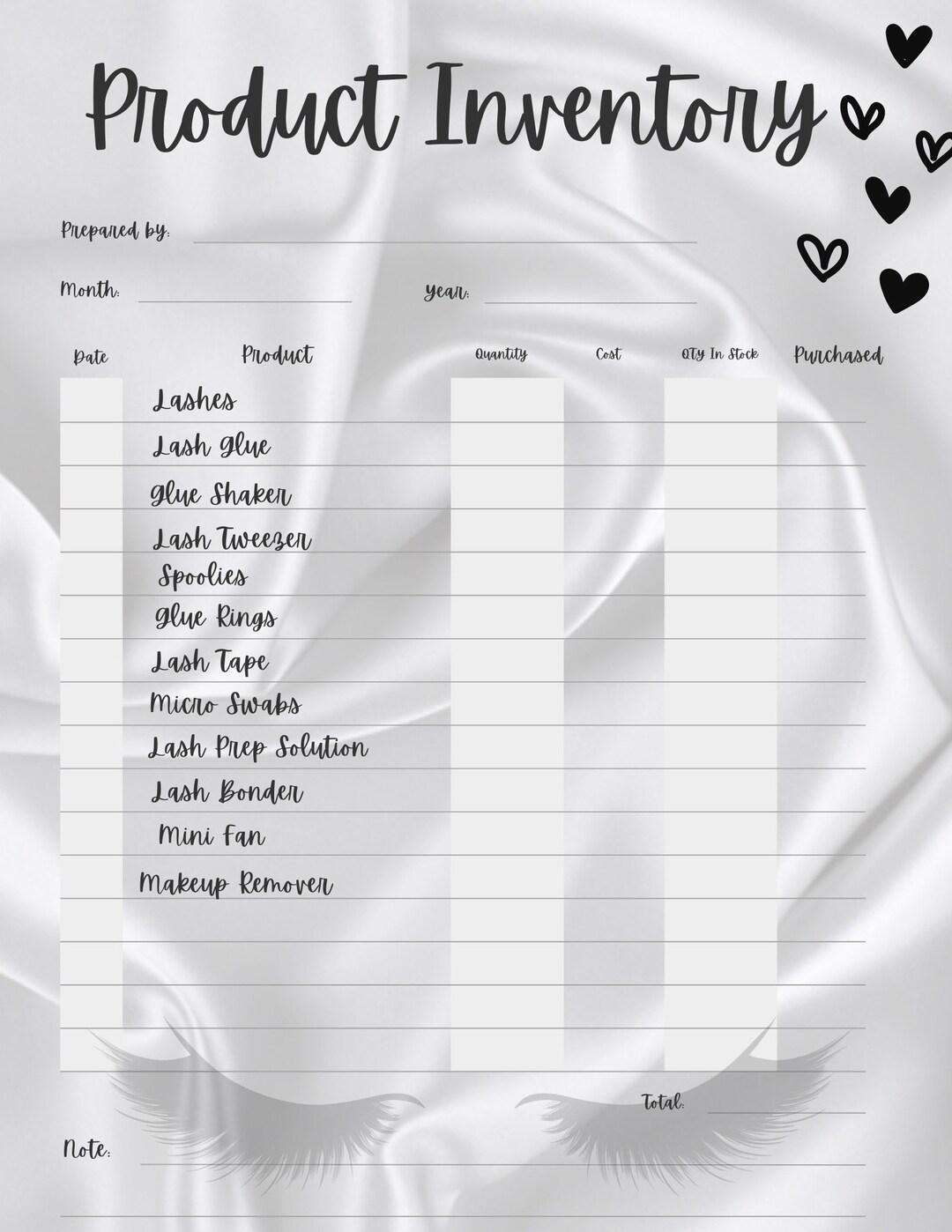 Lash Tech Inventory Printable Sheet - Etsy