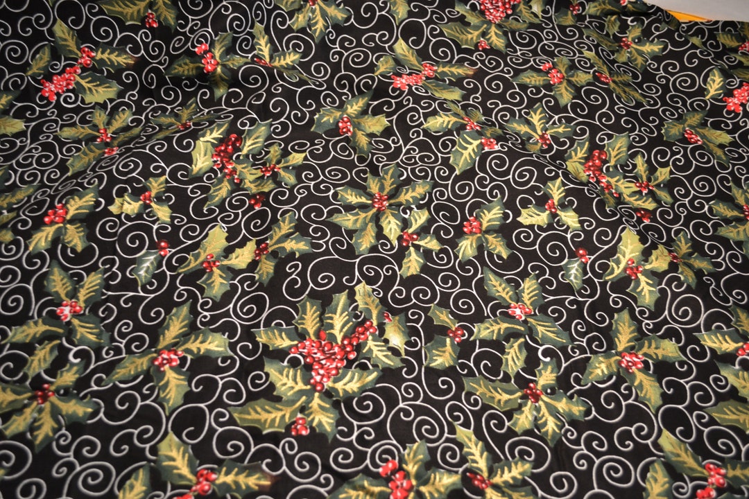 Black Holly Scroll Fabric- Accompanying for Christmas Poinsettia Apron ...