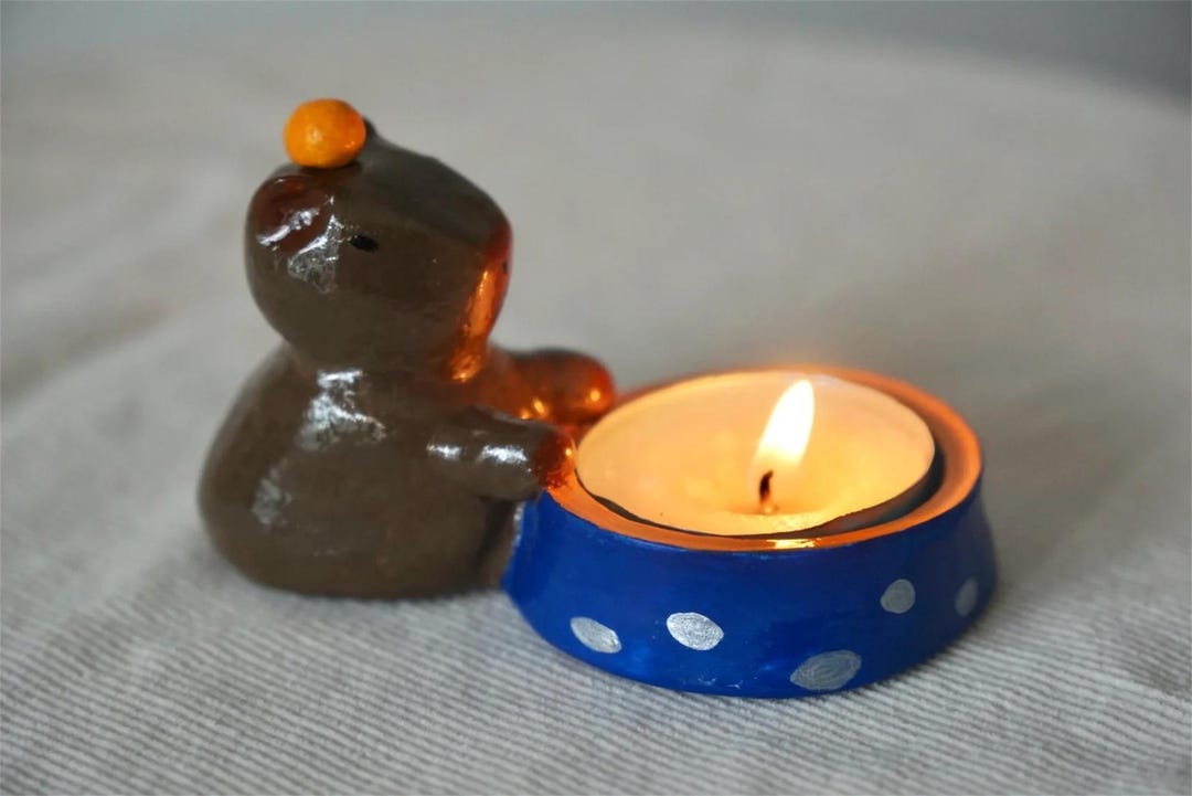 Kapybara Cartoon Small Candle Holder, Animal Stoneware Clay Ornament ...