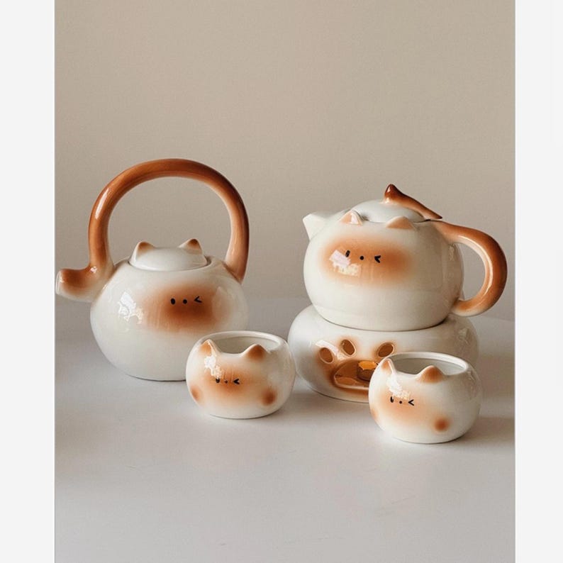 Siamese Cat Ceramic Teapot Set With Stove, Cute Kettle - Etsy
