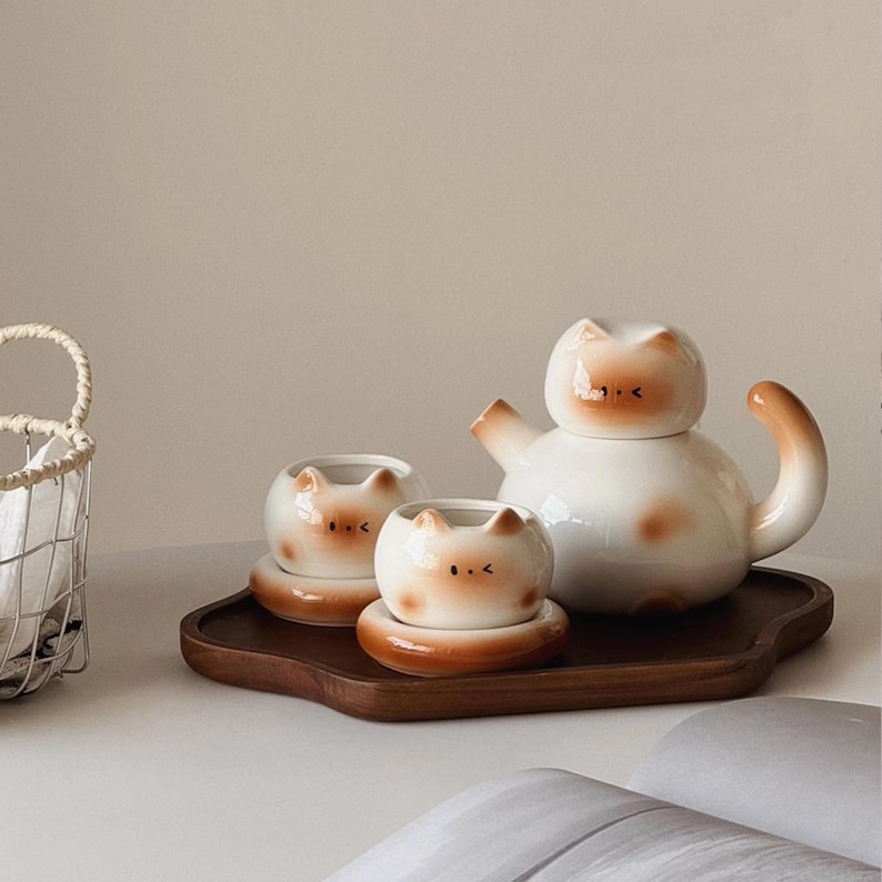 Siamese Cat Ceramic Teapot Set With Stove, Cute Kettle - Etsy