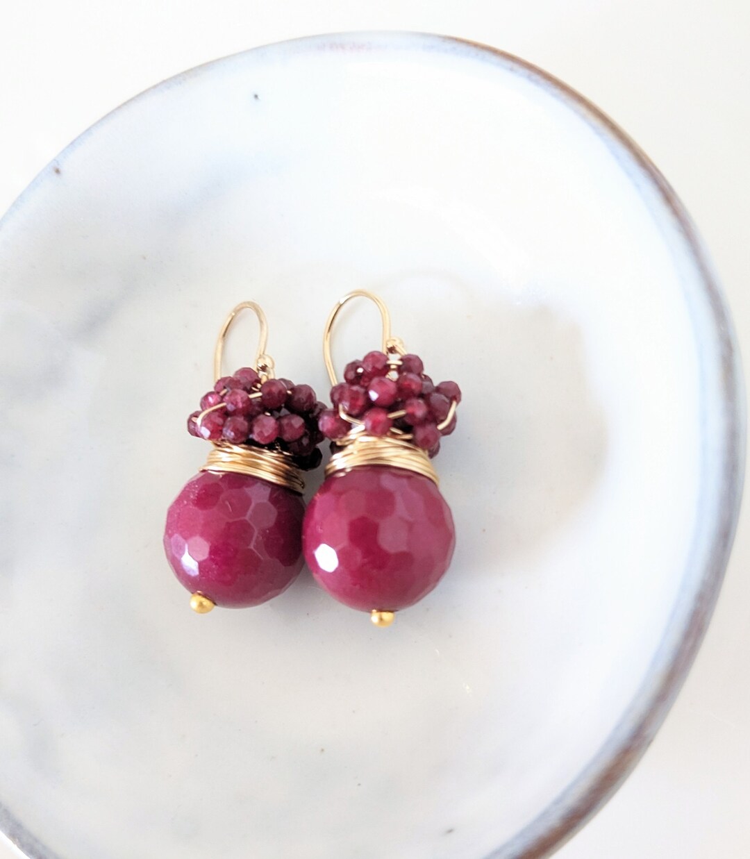 Red Jade and Cluster of Rubies Earrings July Birthday Stone - Etsy