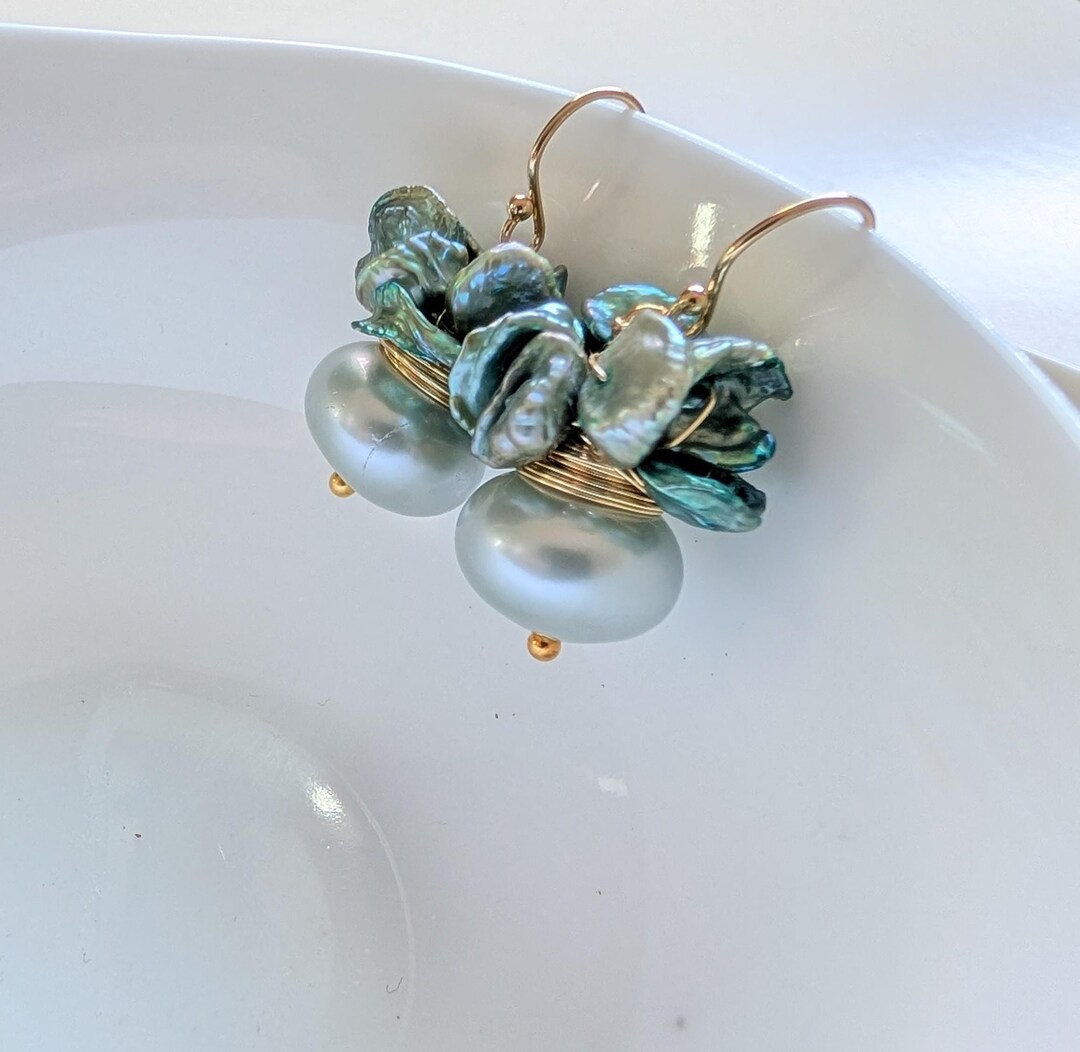 Pistachio Shell Pearls With Green Keshi Pearls Earrings. Gold Filled ...
