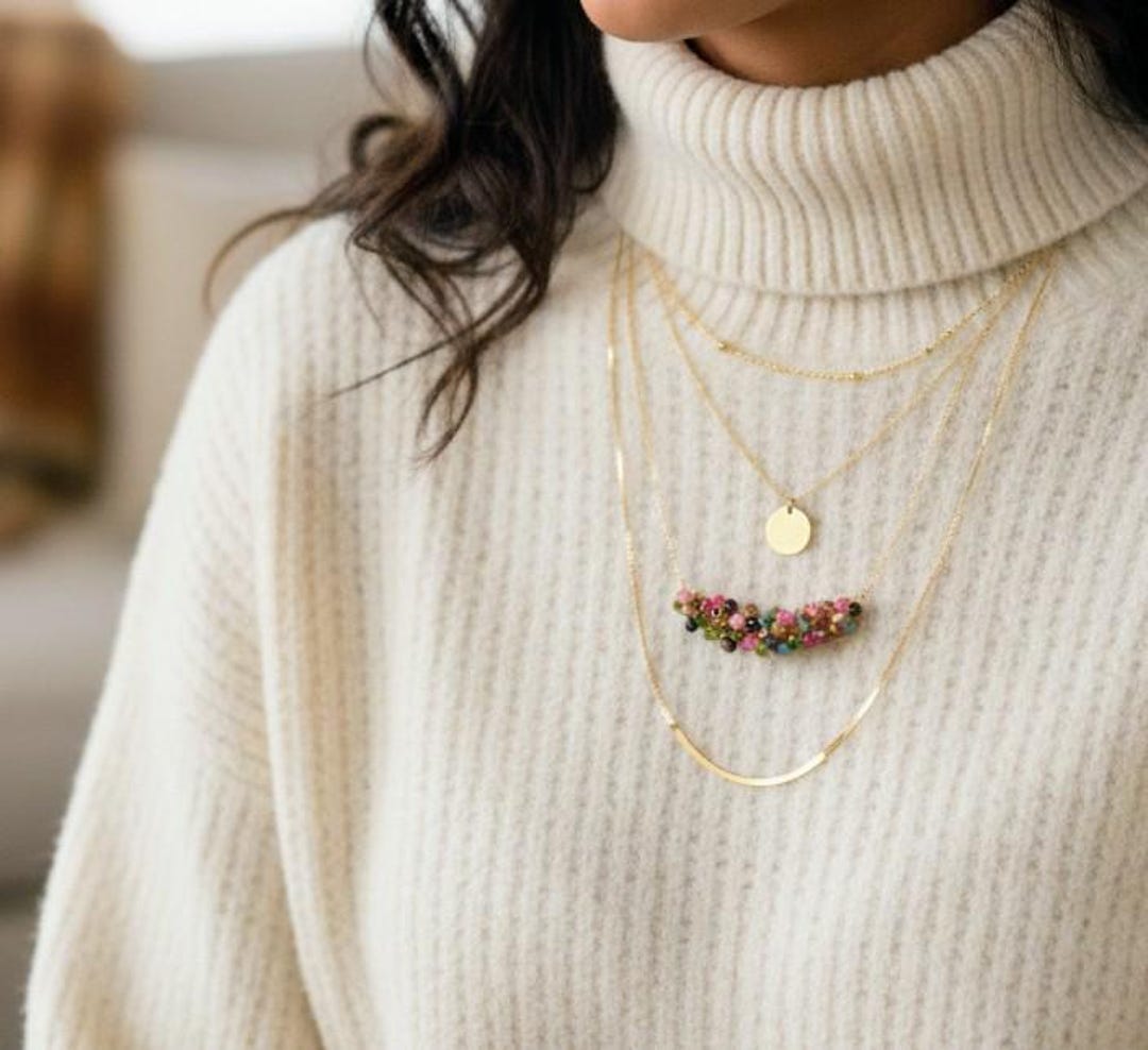 Multicolor Jade Cluster Necklace, 14k Gold Filled Gemstone Bar Pendant ...