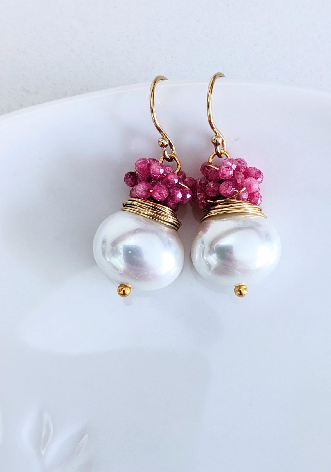 Shell Pearl and Cluster of Watermelon Tourmal CZ Earrings, October and ...