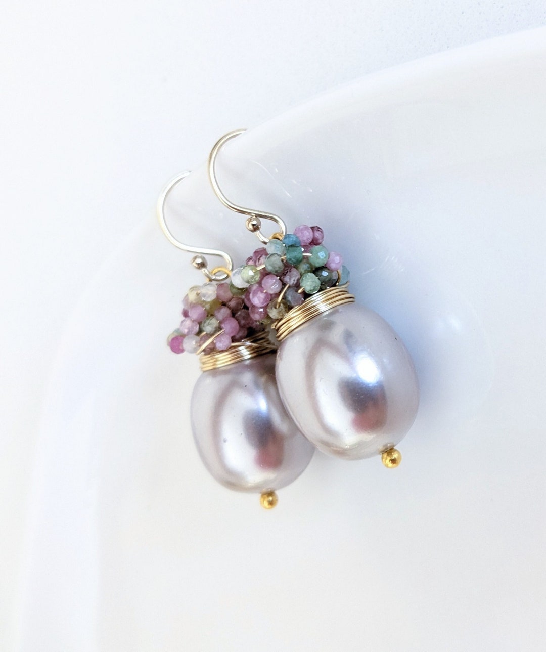 Shell Pearl and Cluster of Watermelon Tourmal Earrings - Etsy