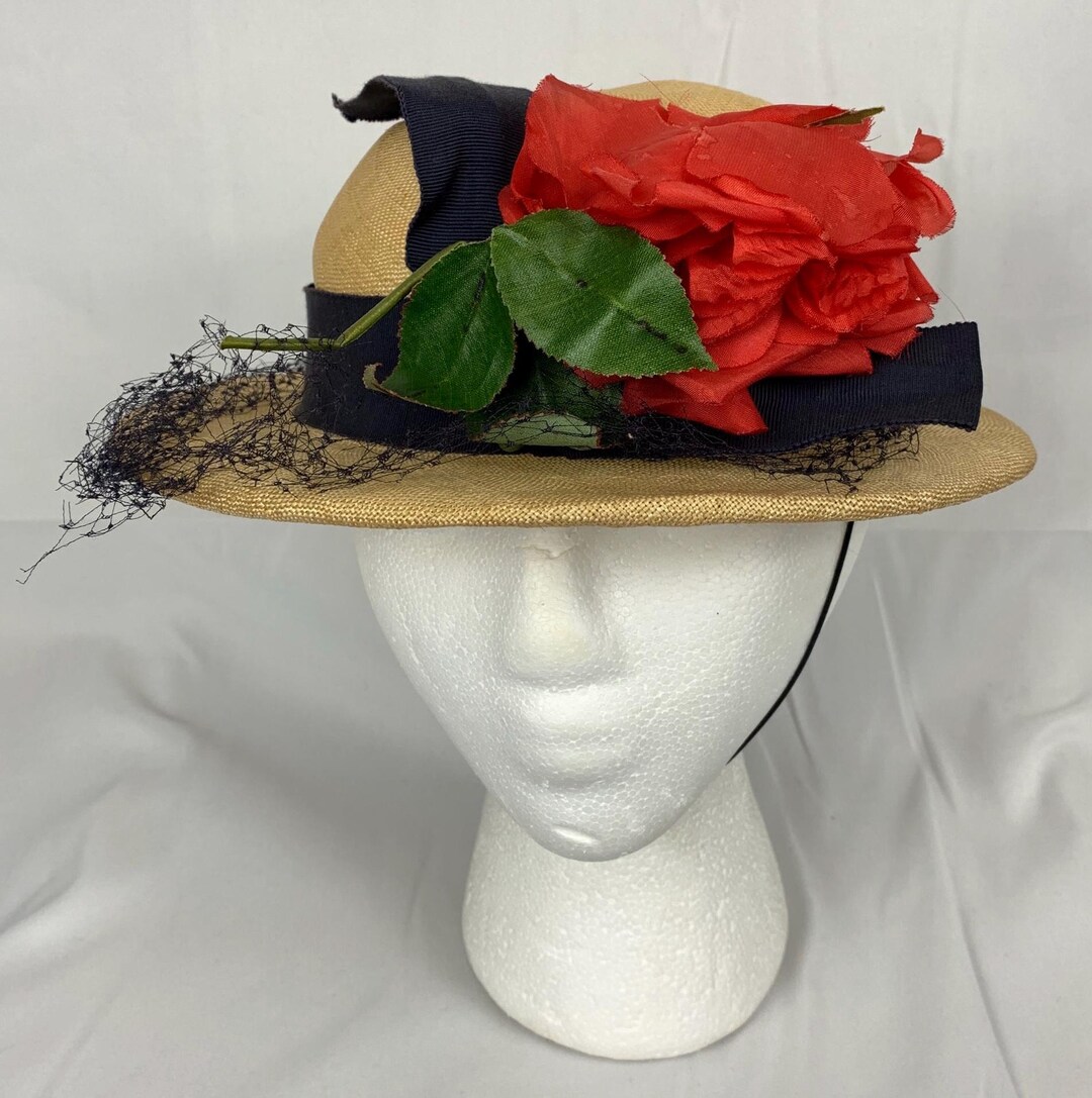 Vintage Women's Hat: Natural Straw Color With Black Bow, Black Netting ...