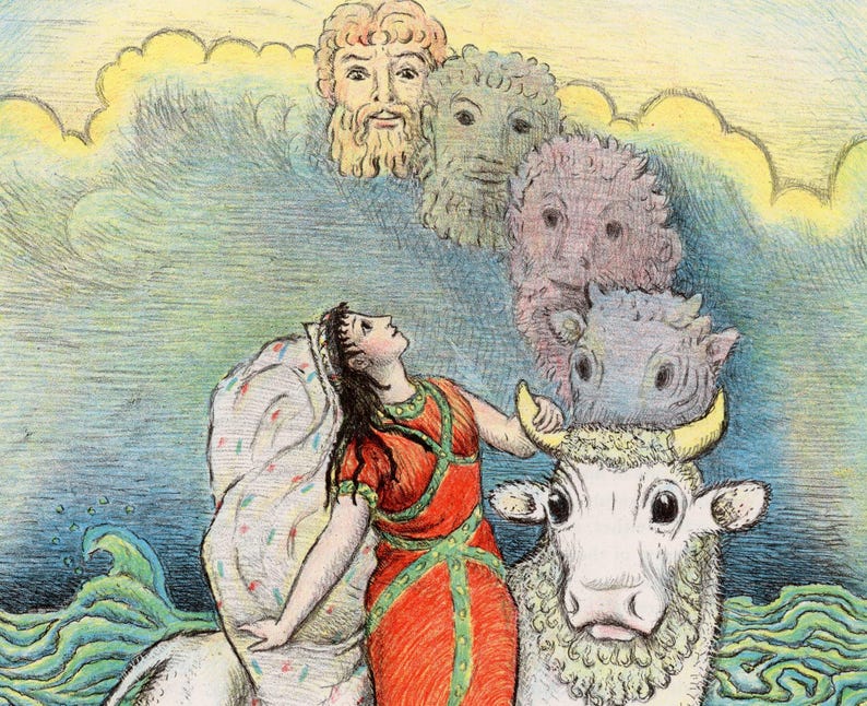 Zeus Seduces Europa - Greek Myth Art Print for Wall Decor Vintage 1960s ...