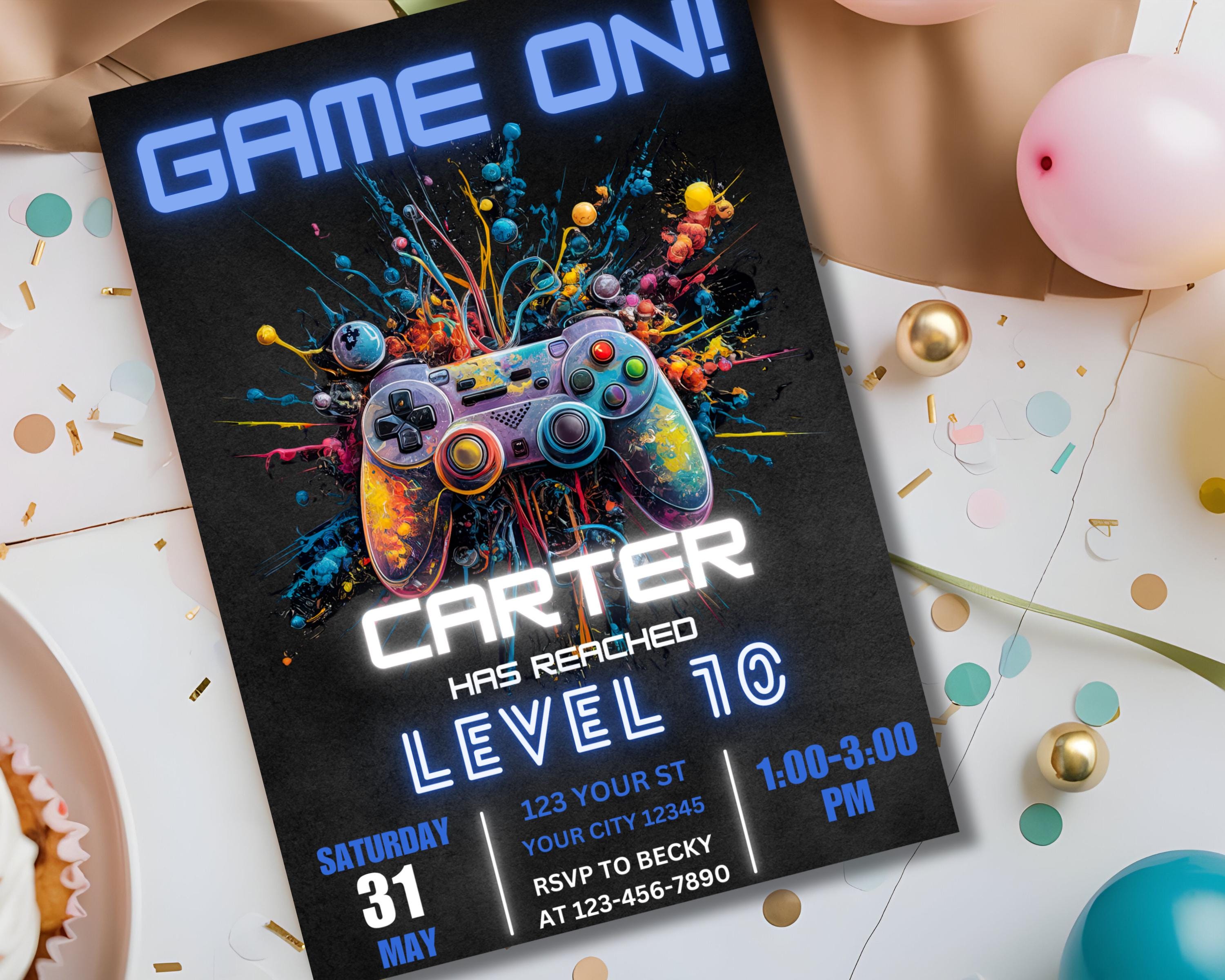 Video Game Kids Birthday Invite Template Neon Glow Party Invitation ...