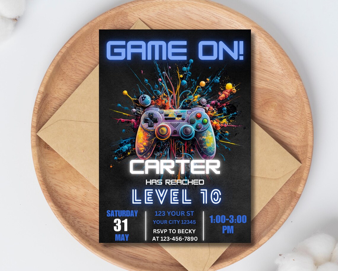 Video Game Kids Birthday Invite Template Neon Glow Party Invitation ...