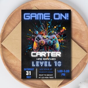 Video Game Kids Birthday Invite Template Neon Glow Party Invitation ...