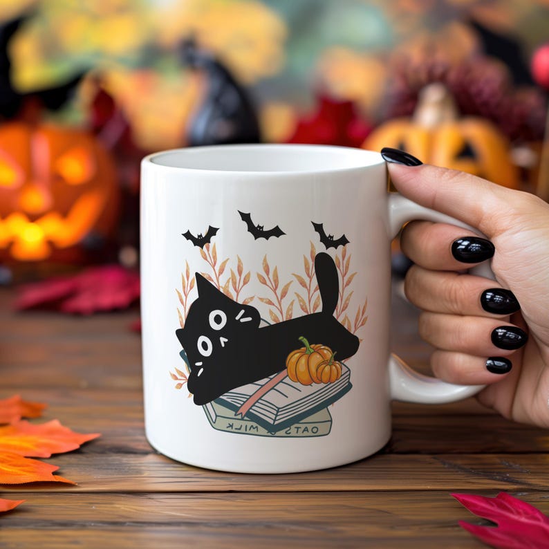 Halloween Black Cat Mug | Cute Fall Coffee Mug | Spooky Cat With ...