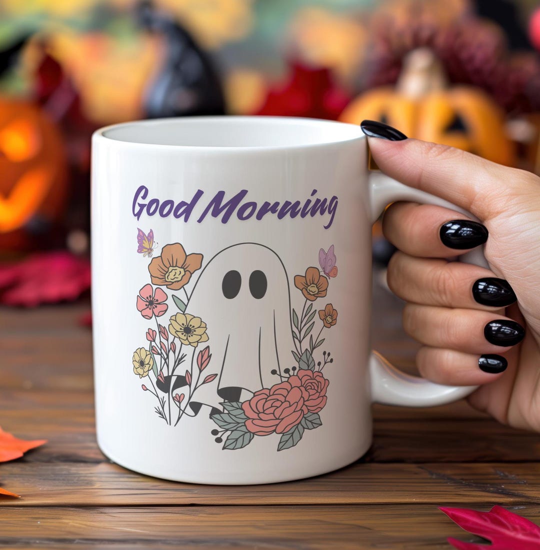 Good Morning Ghost Mug - Cute Halloween Floral Coffee Cup, Funny Spooky ...