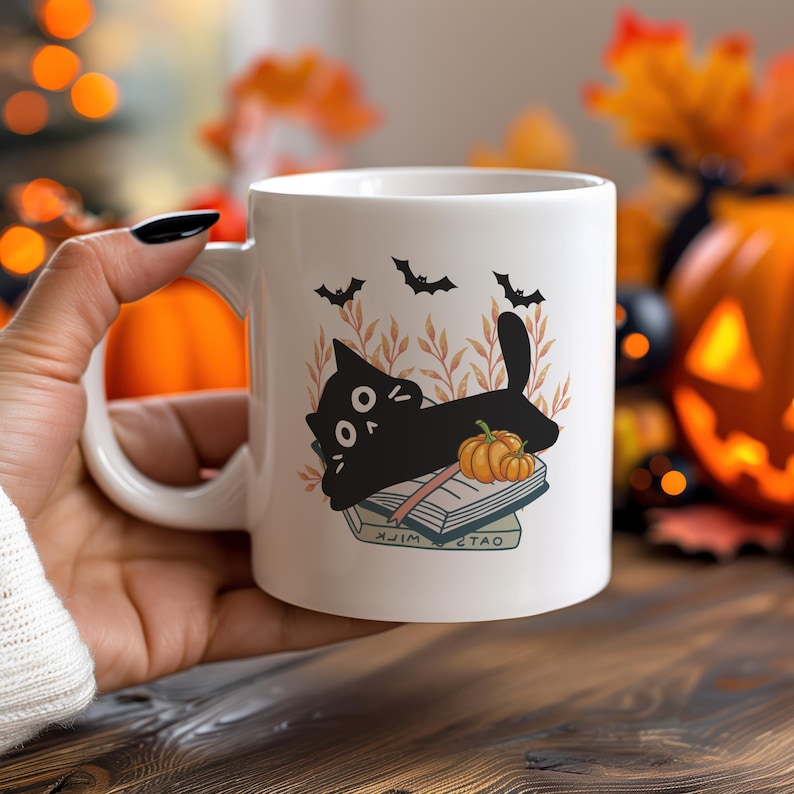 Halloween Black Cat Mug | Cute Fall Coffee Mug | Spooky Cat With ...