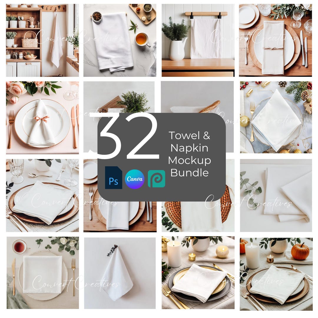 Towel Napkin Mockup Bundle Set of 32 PSD Kitchen Towel Bundle Canva ...