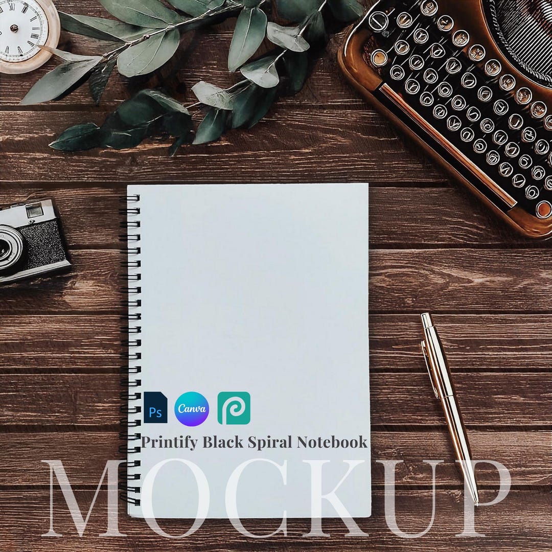 Printify Black Spiral Notebook Mockup Vintage Drag and Drop Planner ...