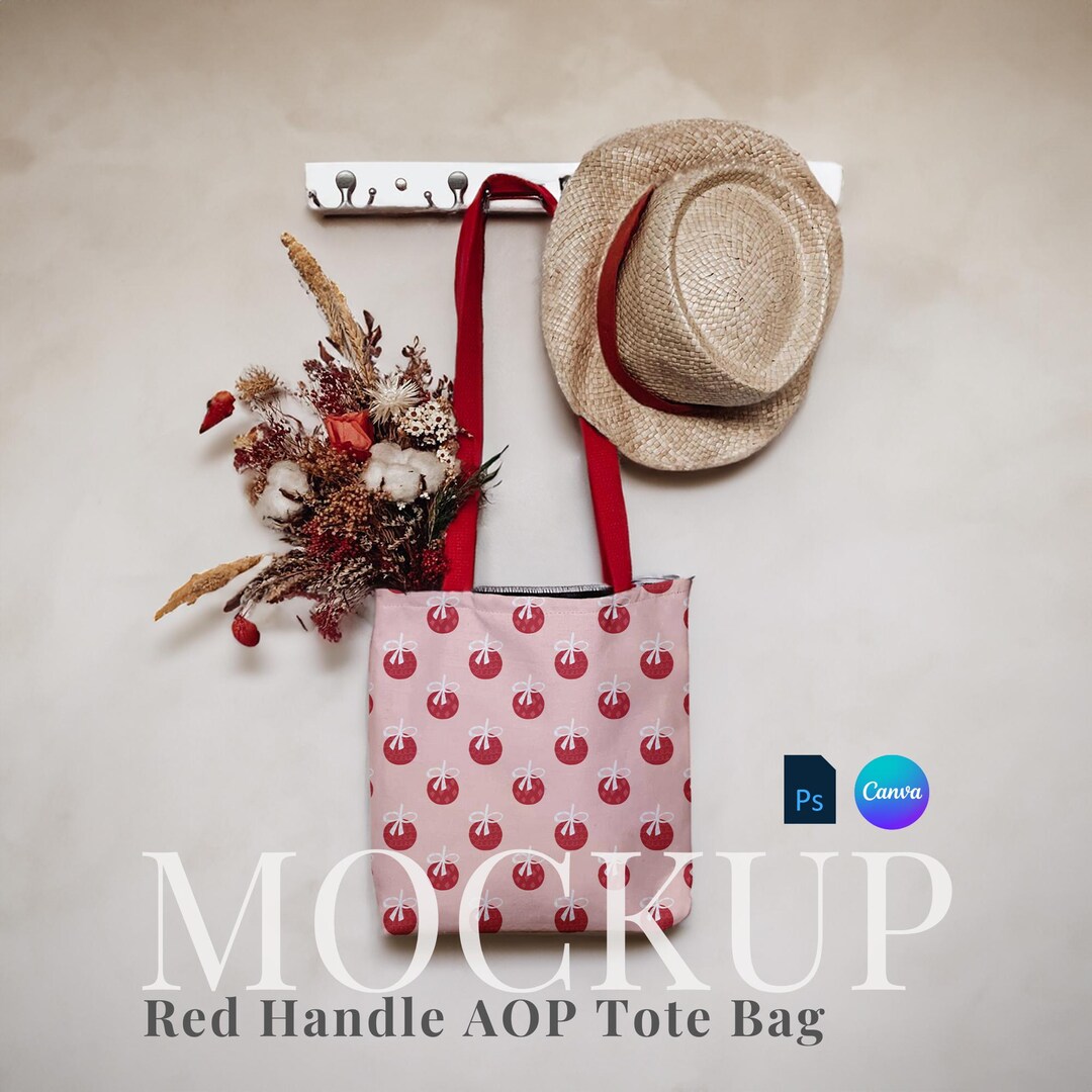 Red Handle AOP Tote Bag Mockup Drag and Drop Printify Red Tote Canva ...