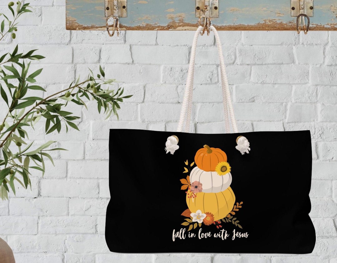 Fall in Love With Jesus Weekender Bag, Black Rope Handle Tote ...