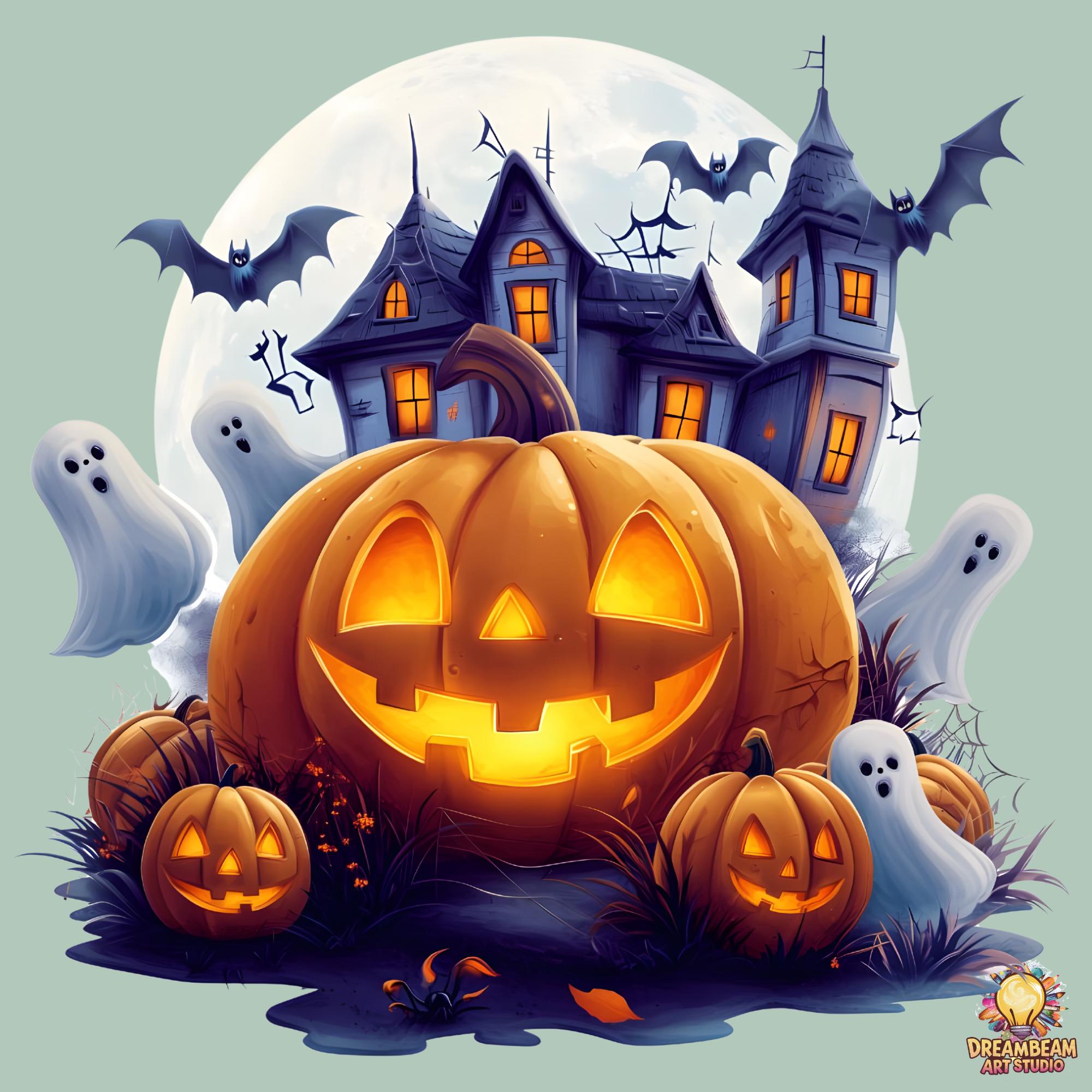 Haunted House PNG, Halloween Pumpkin Clipart, Spooky Ghosts and Bats ...