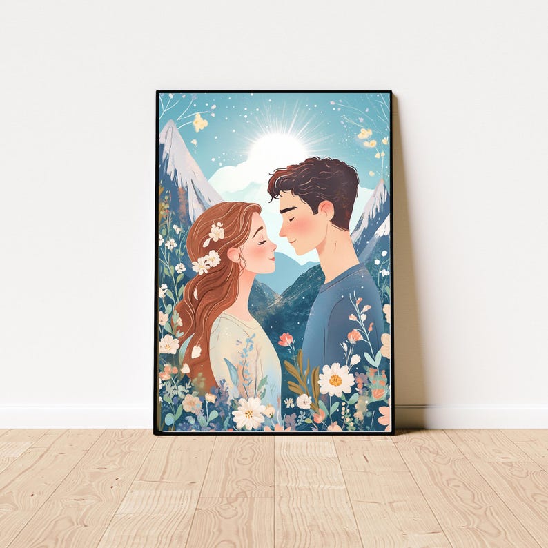Romantic Couple Wall Art, Love Illustration in Mountain Landscape ...
