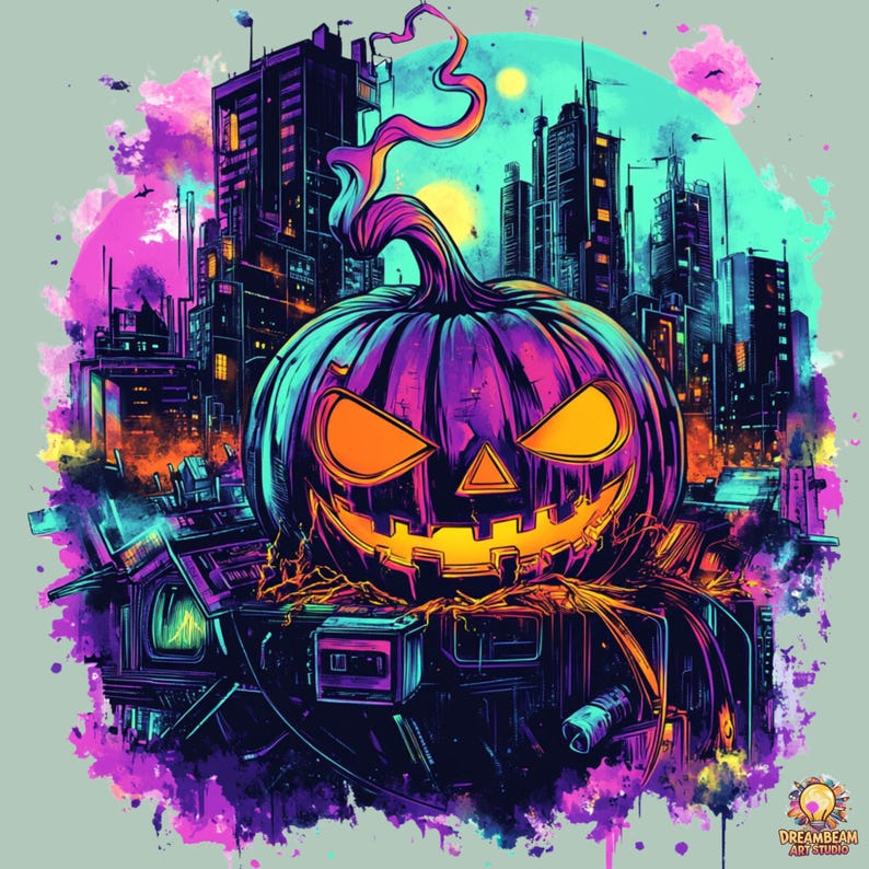 Cyberpunk Halloween Pumpkin PNG, Neon City Jack-o-lantern, Spooky ...