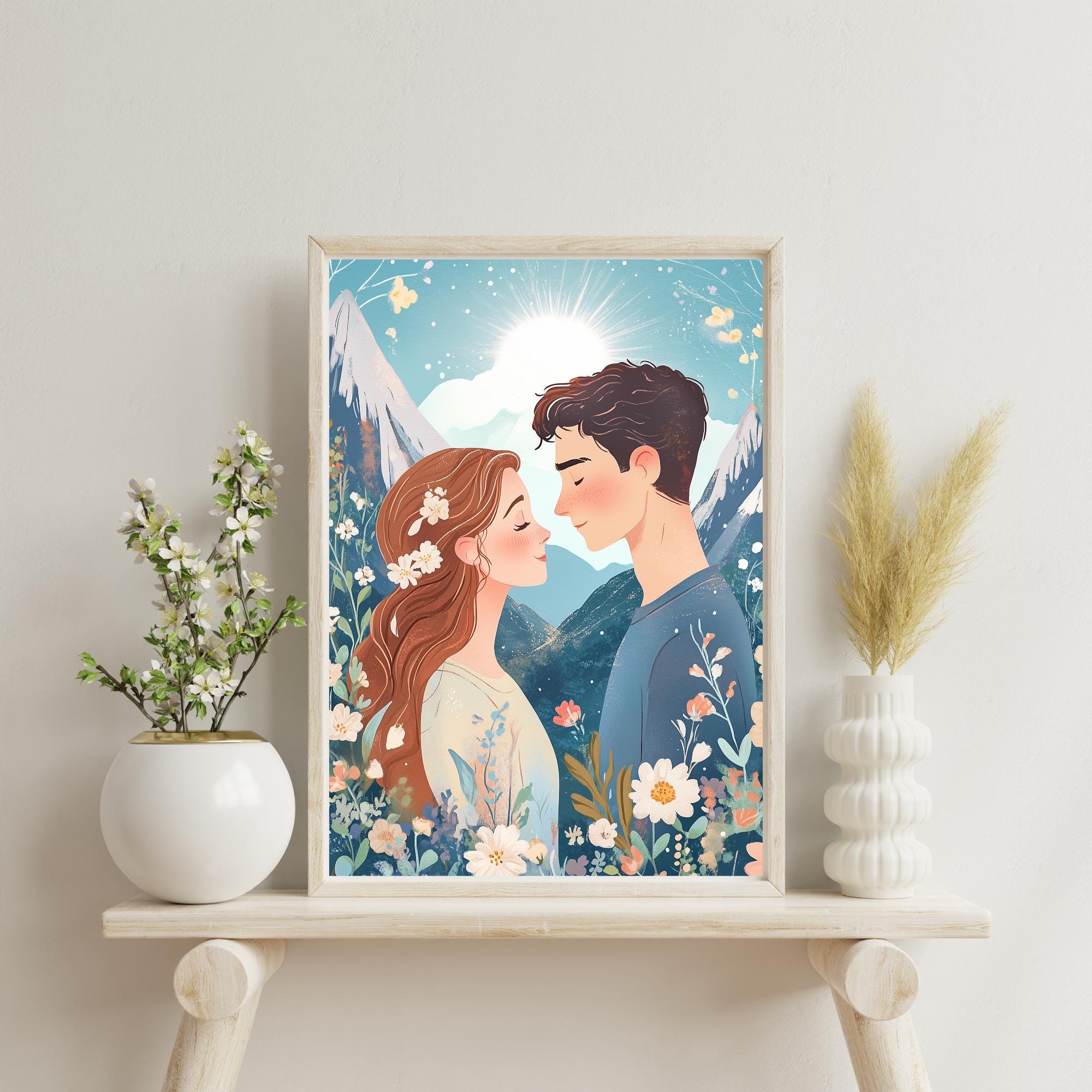 Romantic Couple Wall Art, Love Illustration in Mountain Landscape ...