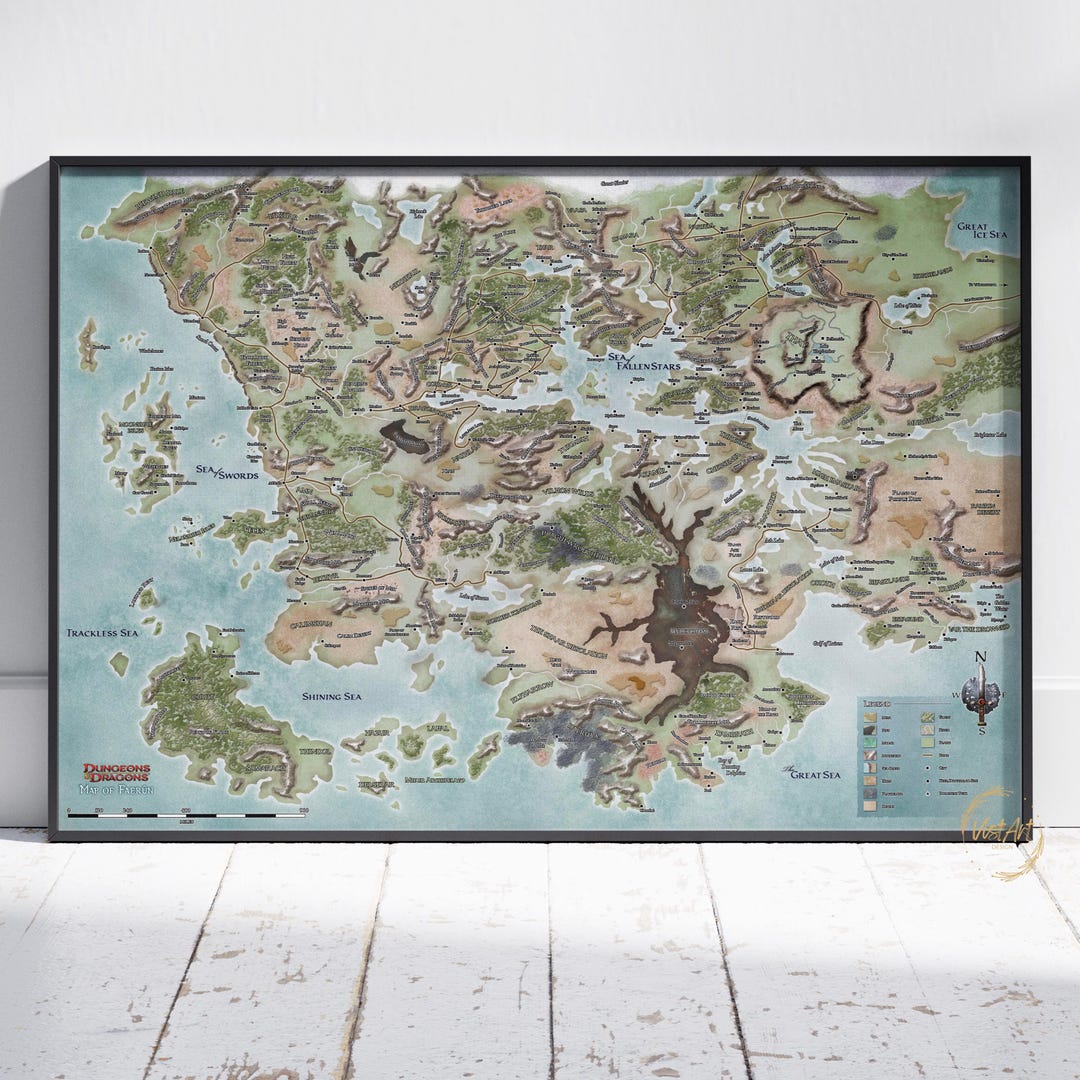 Dungeons & Dragons Faerun Map Poster Forgotten Realms Wall Art Rolled ...