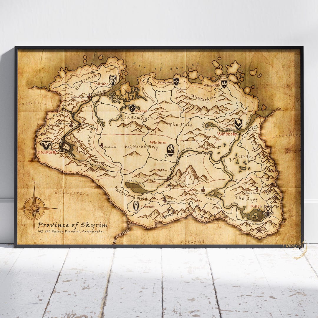 Province of Skyrim Map Poster Dragonborn Wall Art Rolled Canvas Print ...