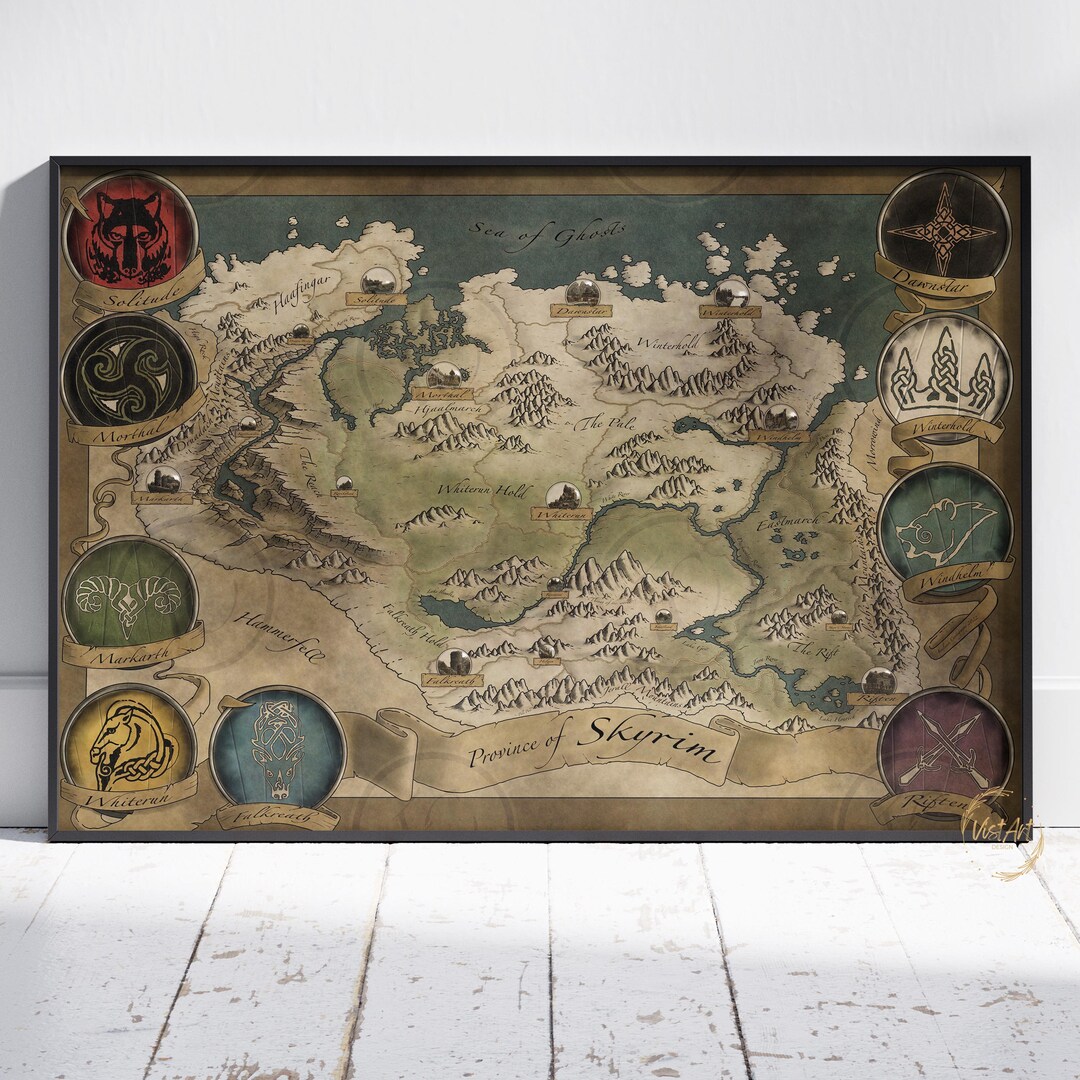 Province of Skyrim Map Poster Tamriel Wall Art Rolled Canvas Print High ...