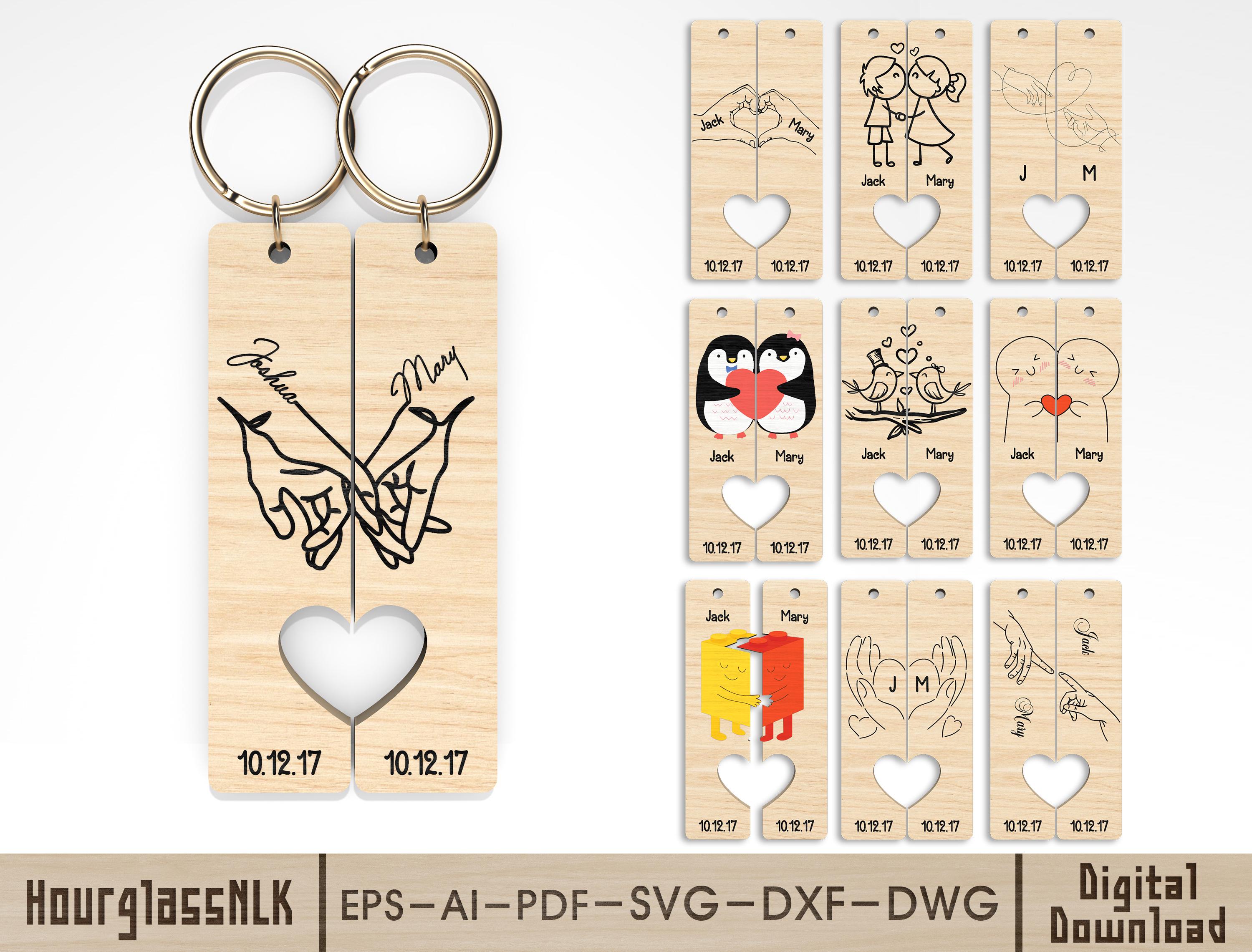 Personalized Couple Keychain SVG Bundle, Matching Heart Keyring Set ...