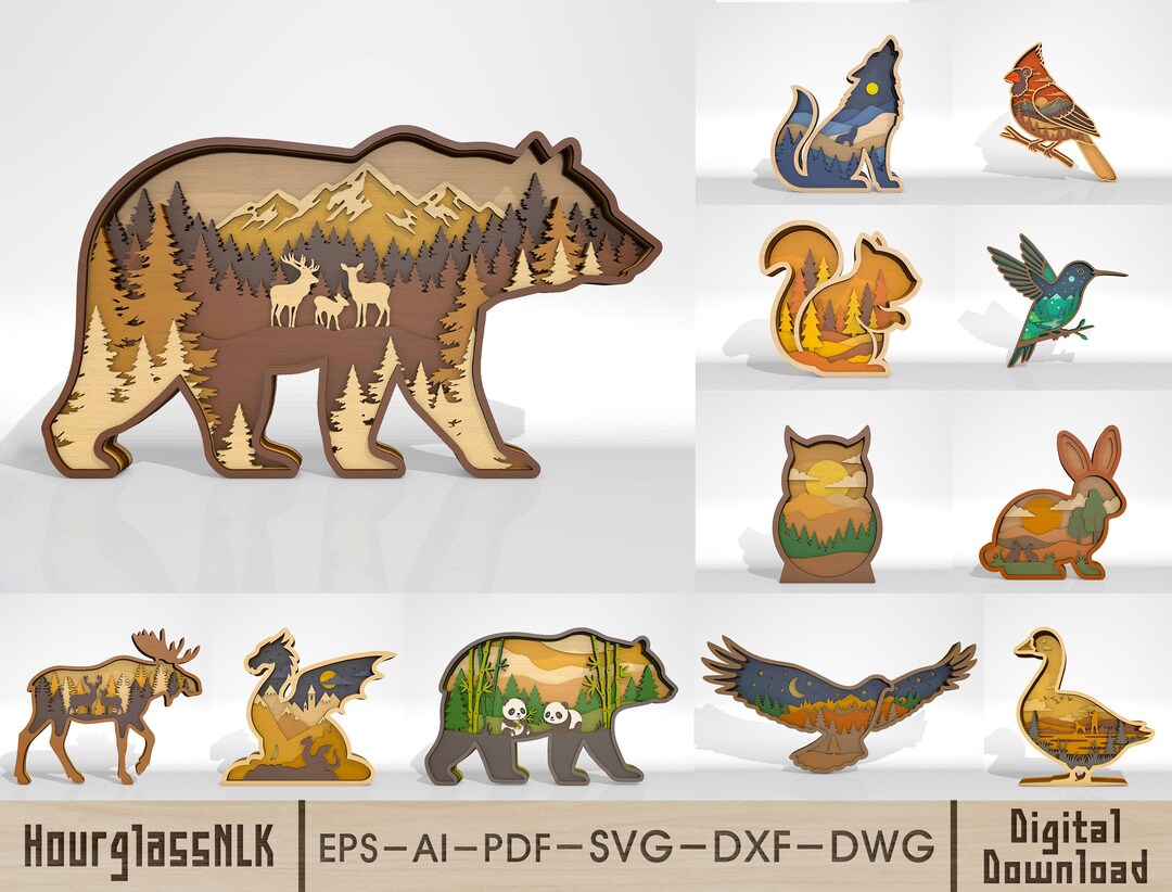 Layered Wildlife Animals SVG Bundle, Laser Cut Wood Files, Bear Deer ...