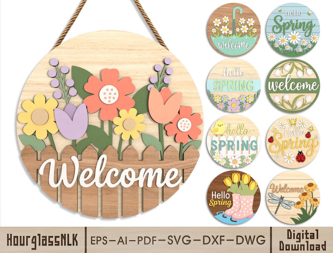 Spring Welcome Round Door Hanger SVG, Floral Wooden Door Hanger, Hello ...