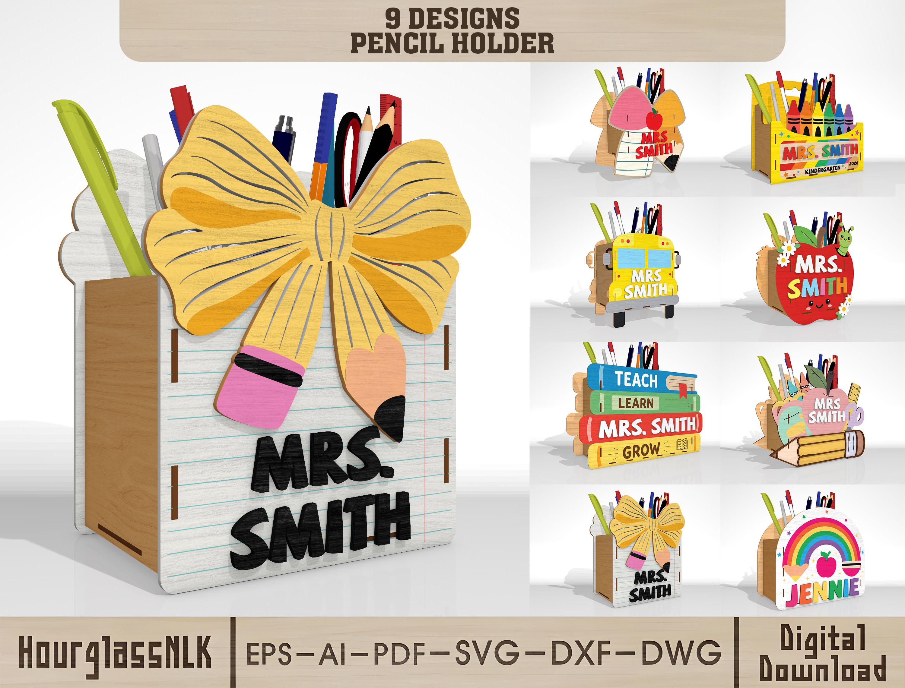 Teacher Pencil Holder SVG Bundle, Personalized Desk Organizer Laser Cut ...