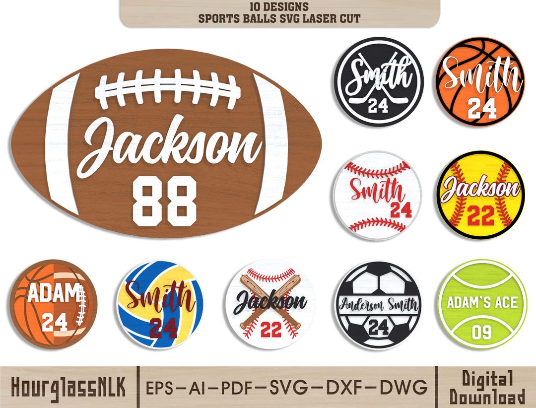 Sports Ball SVG Bundle, Personalized Sport Name Sign SVG, Football ...