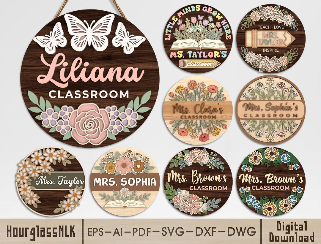Personalized Teacher Classroom Door Hanger SVG, Floral Wooden Classroom ...