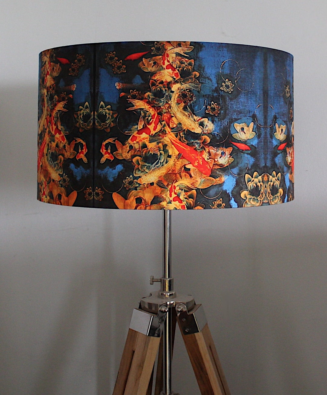 Koi on Cobalt Blue Large Drum Lampshade 45cm by Lily Greenwood Table ...