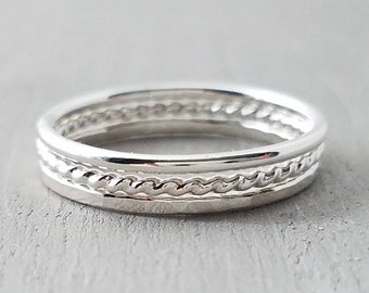 Silver Stacking Ring Set,textured Ring Set,textured Rings,faceted Ring ...
