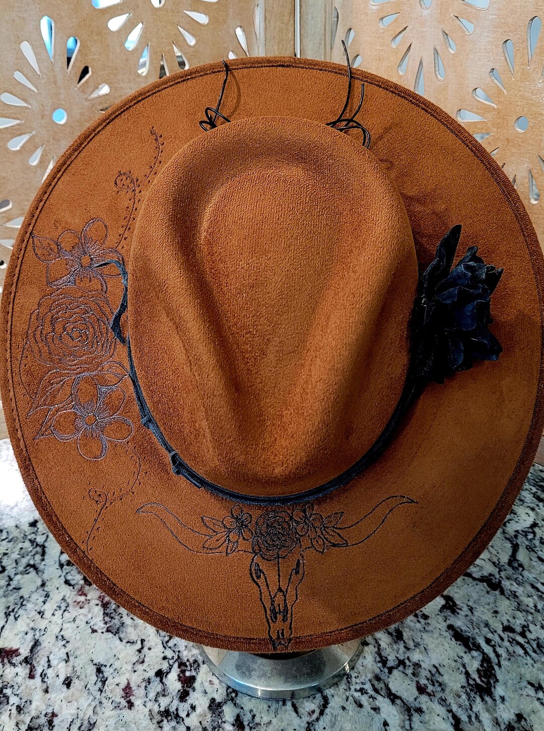 Caramel Western Wide Brim Hat With Longhorn Fedora Burnt Custom Branded ...