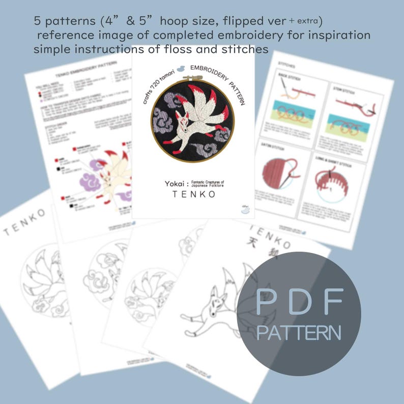 Yokai "tenko" Hand Embroidery Pattern (digital PDF Pattern) - Etsy