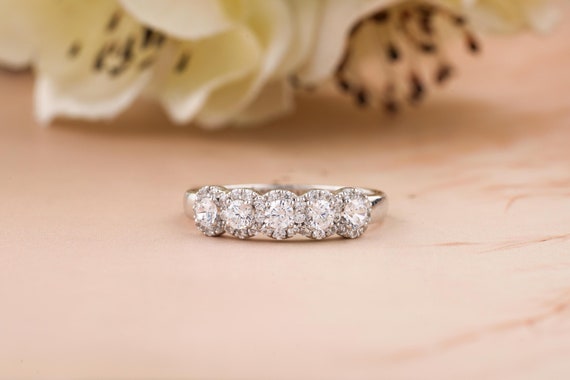 Round Cut Five Stone Halo Anniversary Band Five Stone Moissanite Anniversary Ring 14K White Gold Moissanite Ring for Women Promise Ring Etsy
