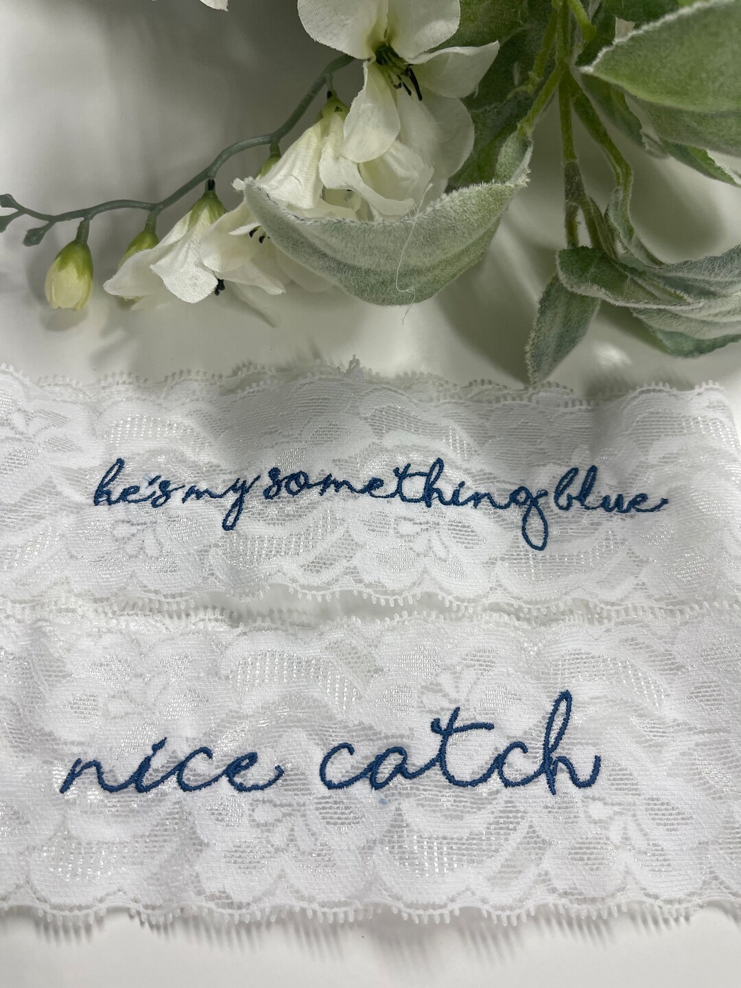 Police Wife Garter/ He's My Something Blue/ Embroidered WHITE LACE ...